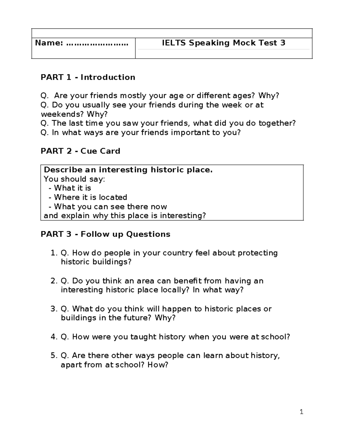 IELTS Speaking Mock Test 3: B2 Level Practice Questions - Studocu
