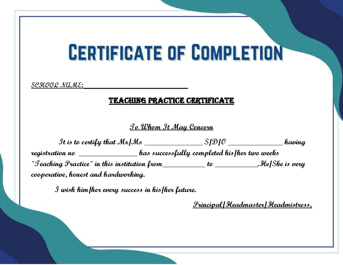 6996-8607 Teaching Practice Certificate - SCHOOL NAME ...