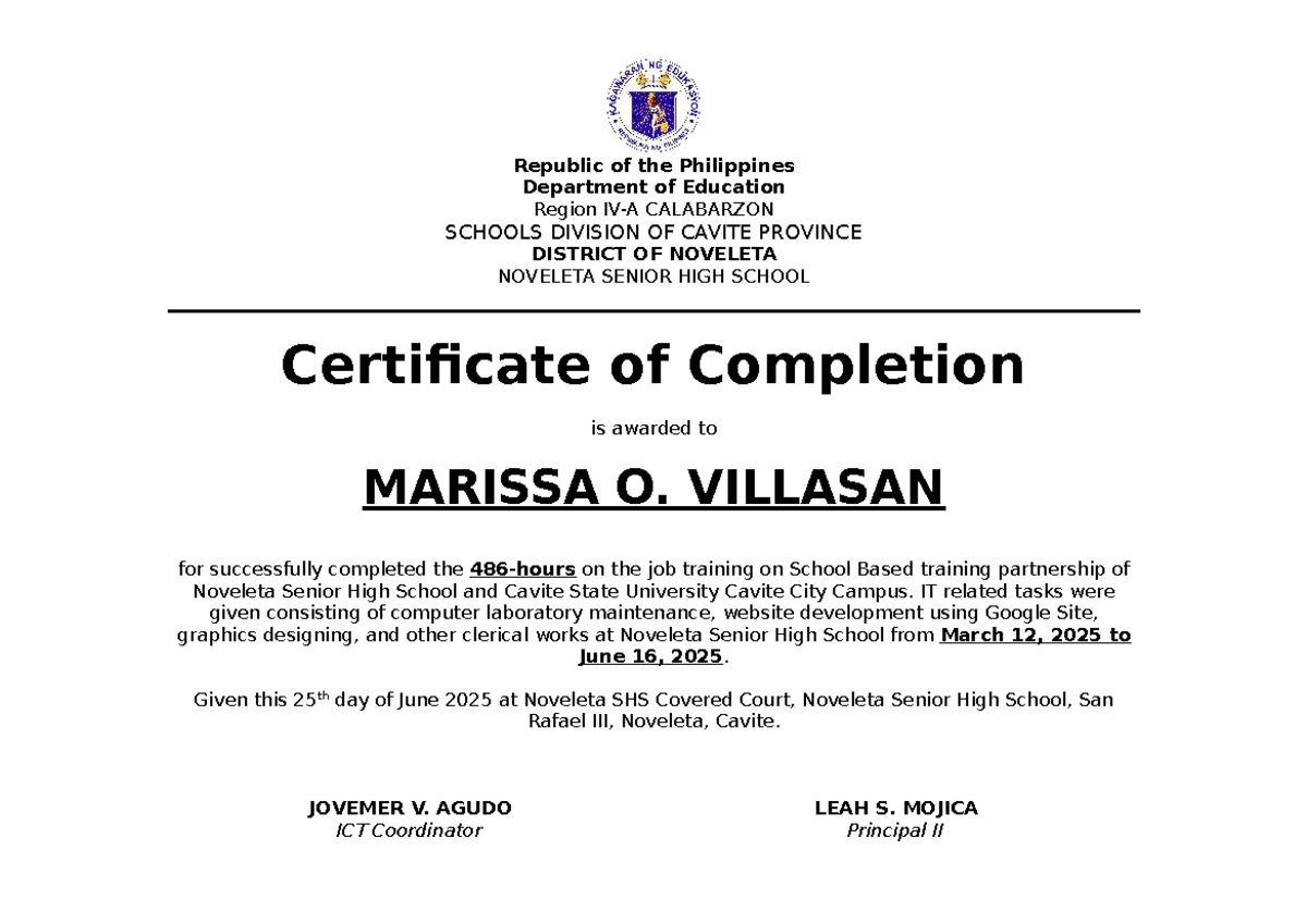 Certificate of Completion for OJT 2024-2025 at Noveleta SHS - Studocu