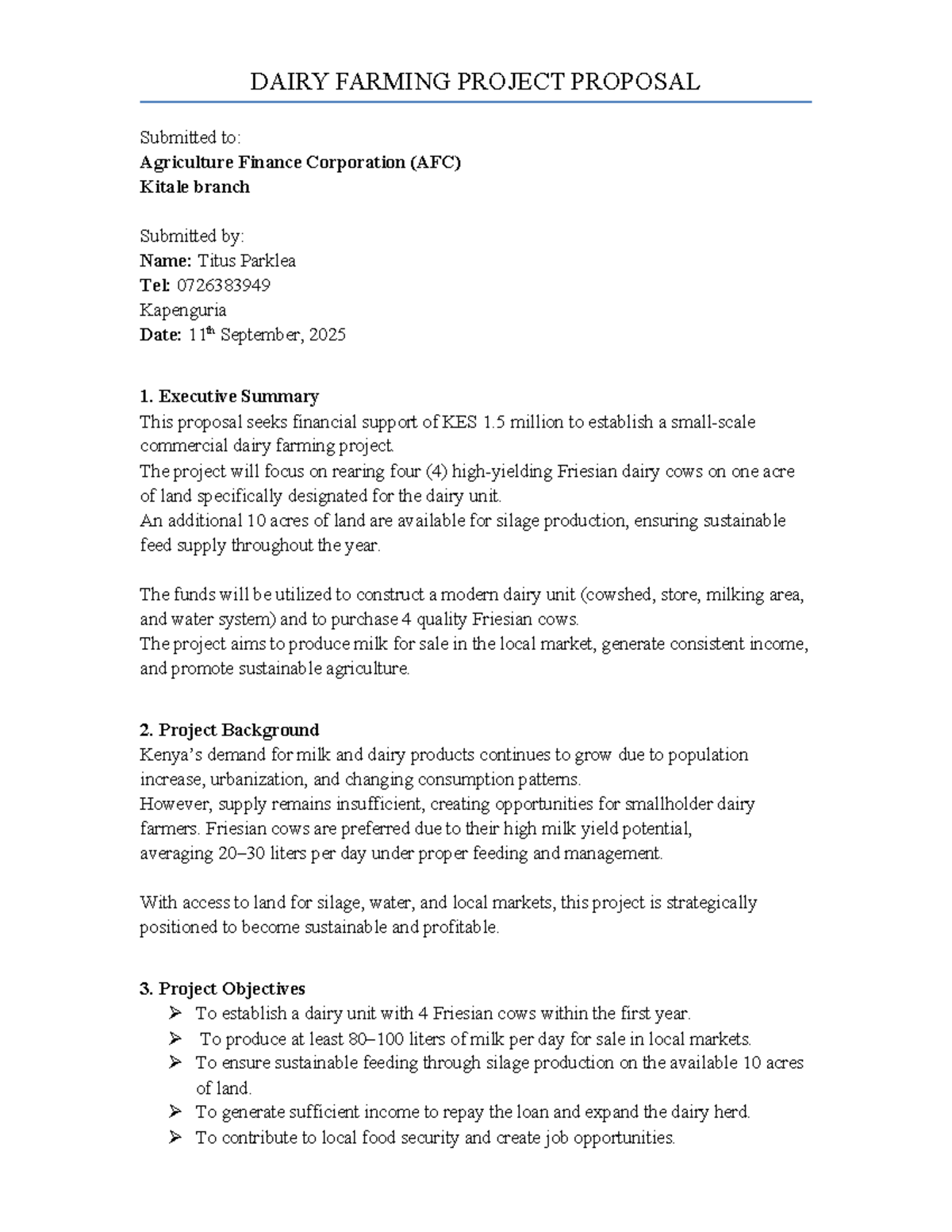 Dairy Farming Project Proposal (AFC Funding Request) - Studocu
