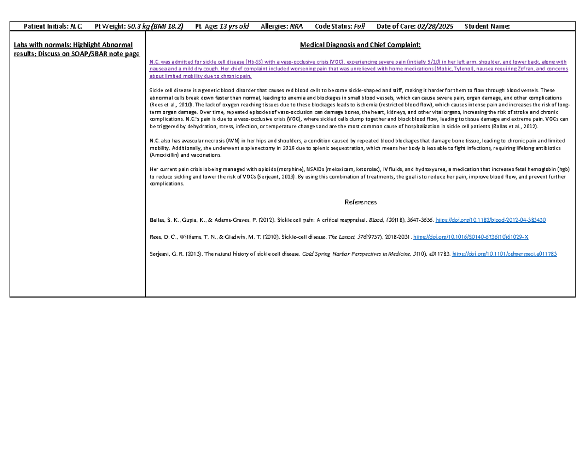 N.C Care Plan - Peds - Example of care plan for Peds 35/35 - Patient ...