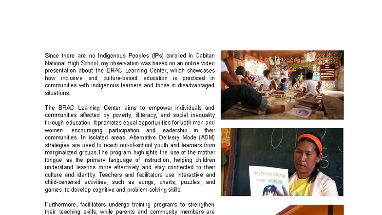 Inclusive Education for Indigenous Learners: IPs Observation -1 - Studocu