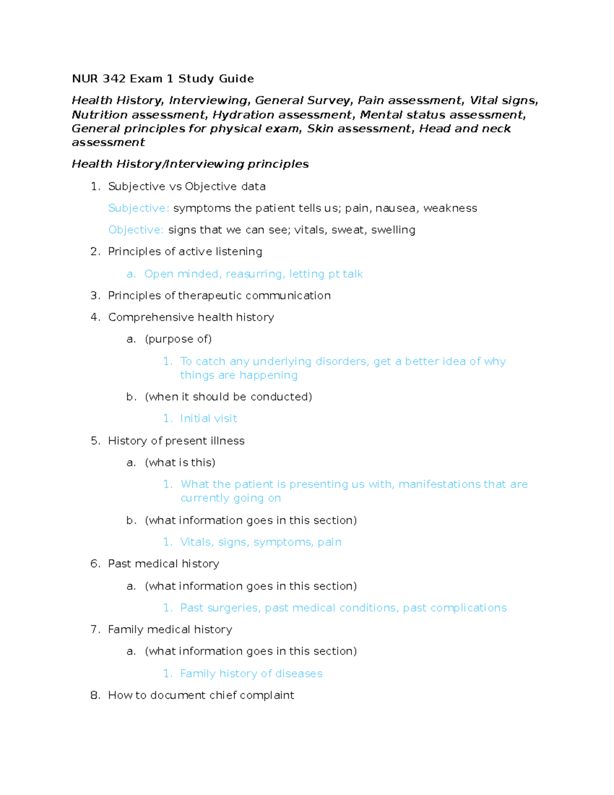 NUR 342 Exam 1 Study Guide: Health History & Assessment Techniques ...
