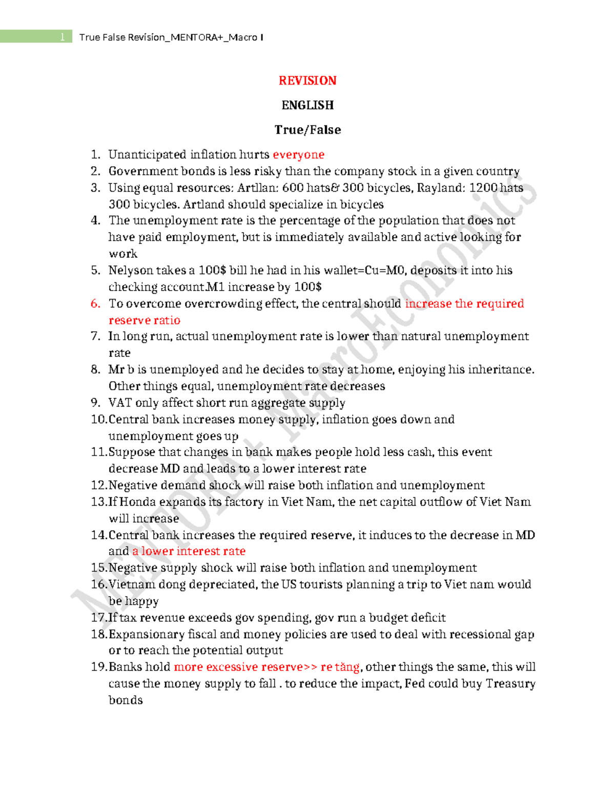 Revision of True/False Questions - CLC Macro I Exam Prep - Studocu