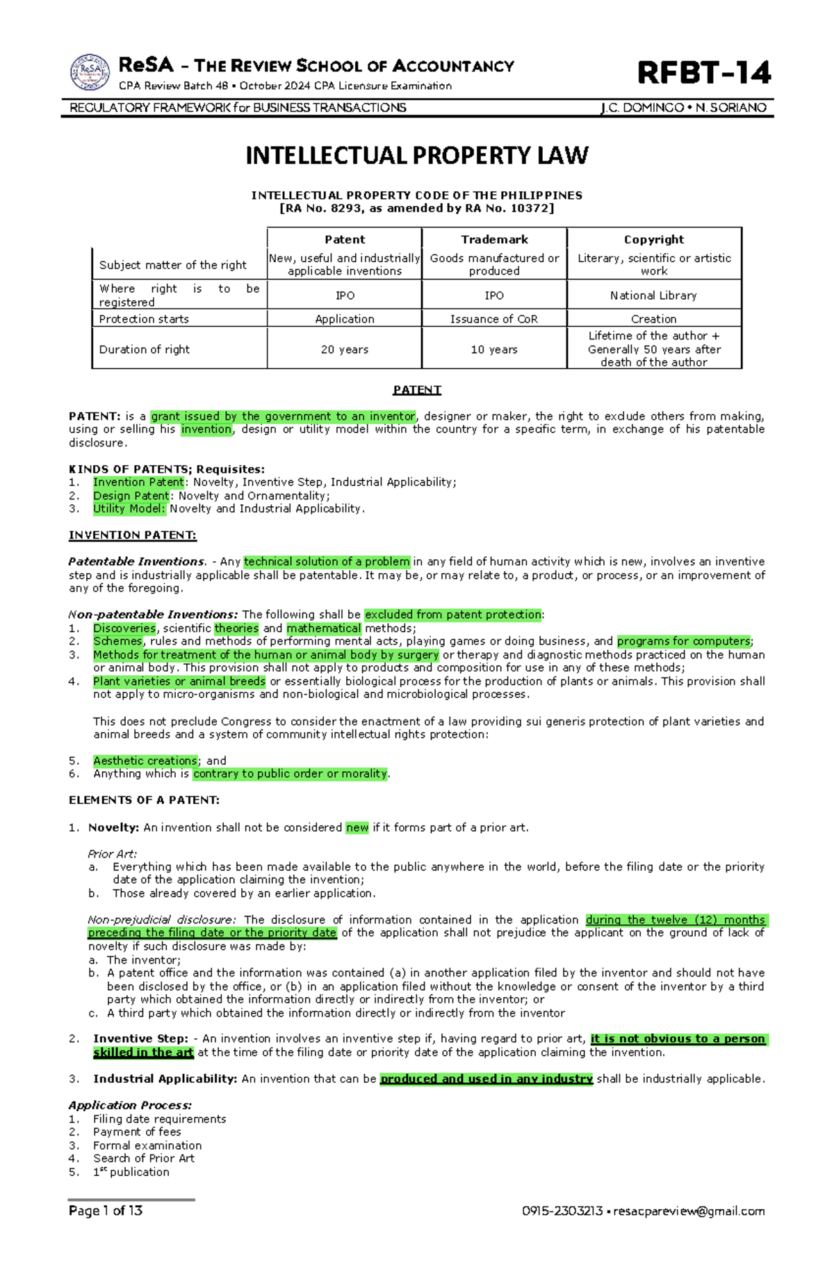 RFBT Intellectual Property Law: CPA Review Batch 48 - October 2024 - Studocu