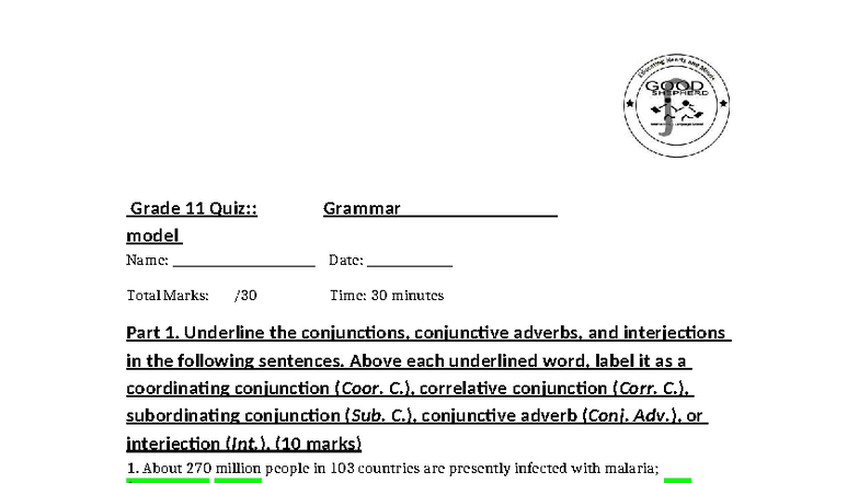 Grade 11 Grammar Quiz - Model 2: Conjunctions, Nouns, and Prepositions ...