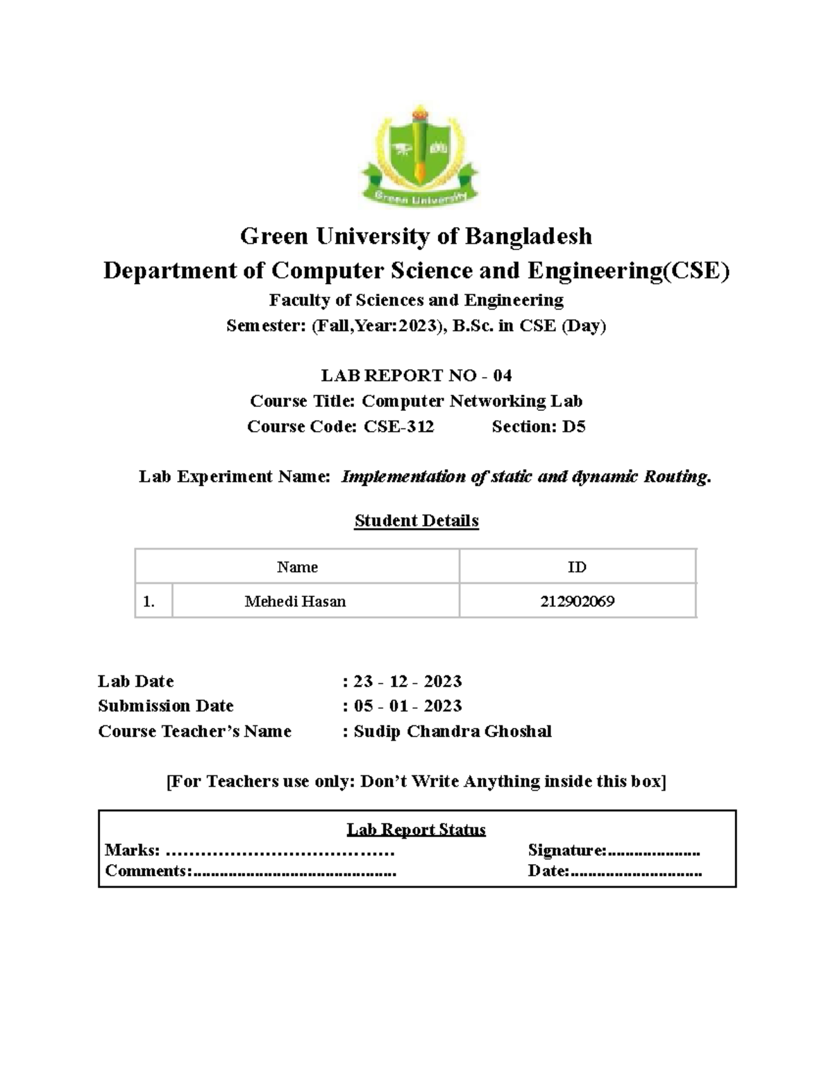 CSE-312 Lab Report 04: Static vs Dynamic Routing in Networking - Studocu