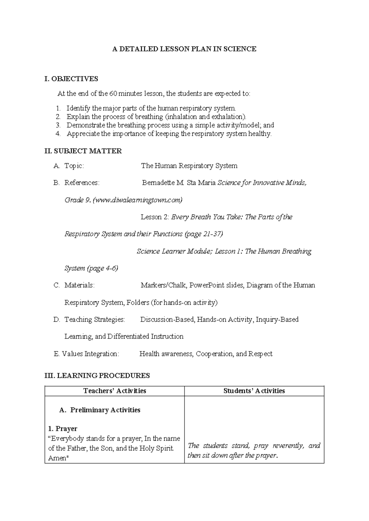 Detailed Lesson Plan in Science: The Human Respiratory System - Studocu