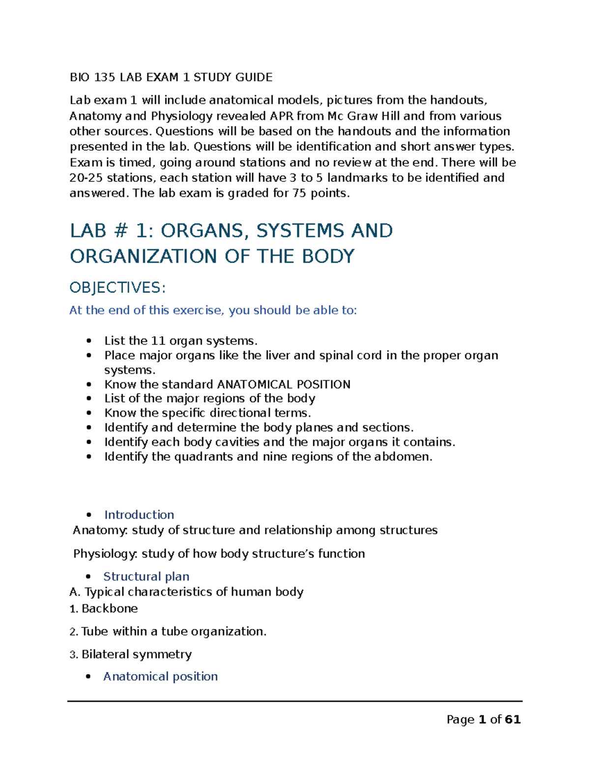 BIO 135 LAB EXAM 1 STUDY GUIDE: Anatomy & Tissue Identification - Studocu