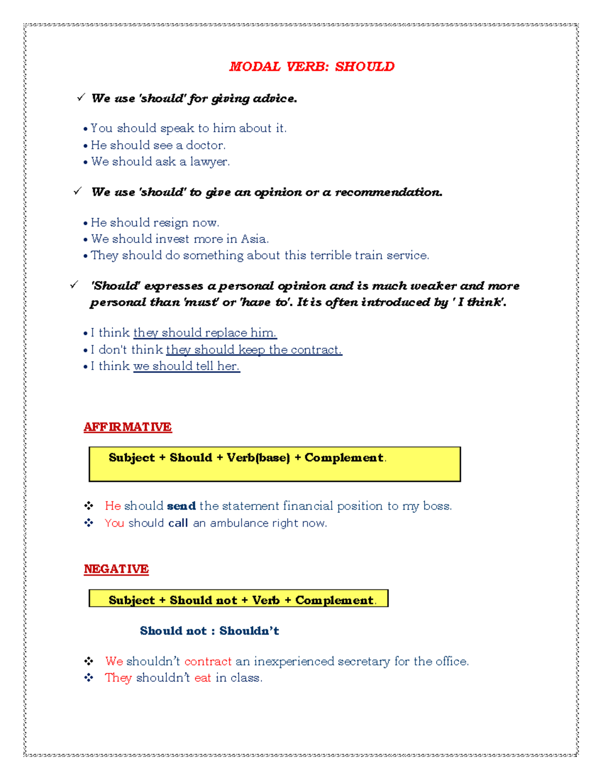 MODAL VERBS: SHOULD & SHOULDN'T - English Grammar Notes - Studocu