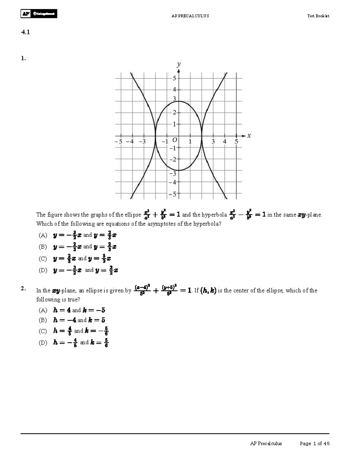 AP Precalculus Test Booklet 4.1: Ellipses, Hyperbolas, and Polar ...