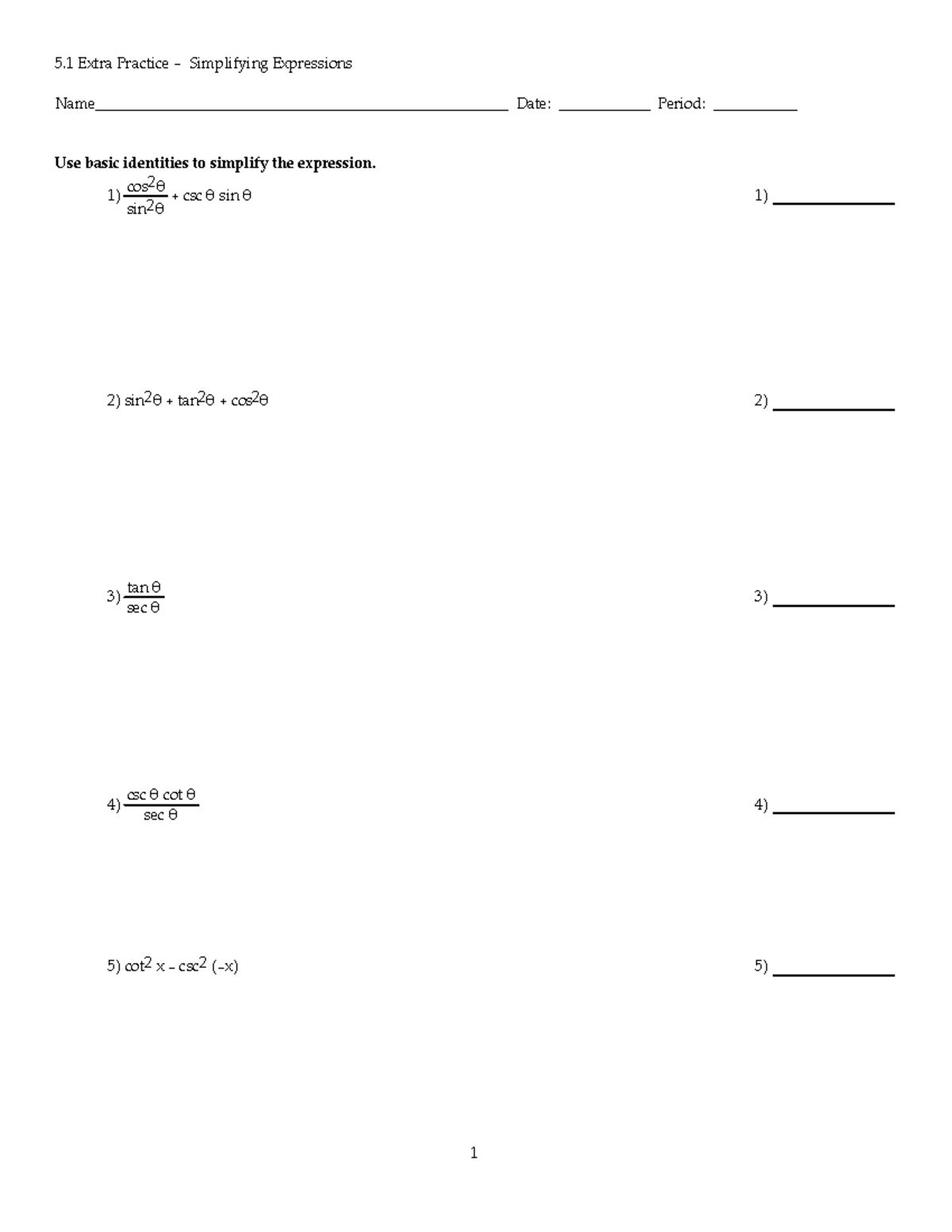 5.1 Extra Practice - Simplifying Trigonometric Expressions - Studocu