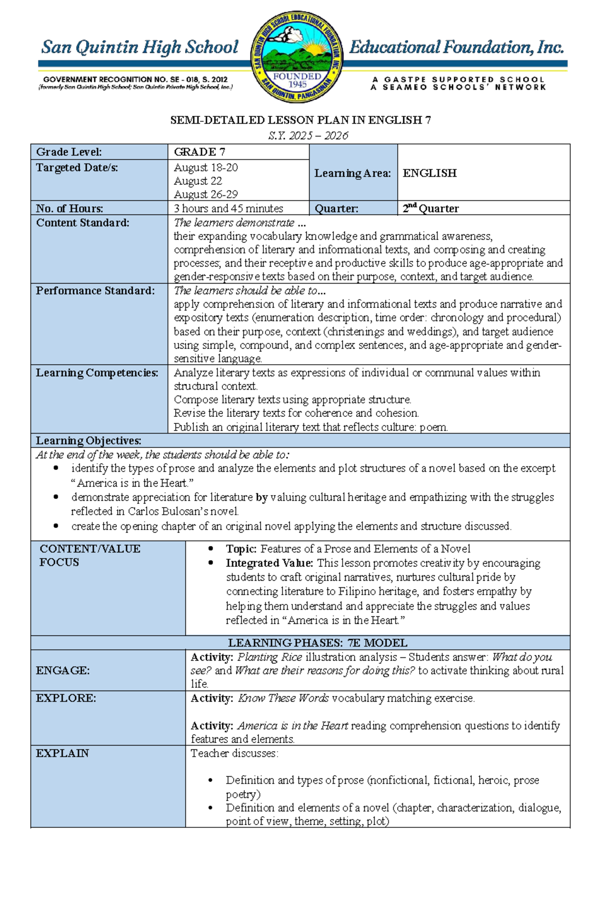 LESSON PLAN IN ENGLISH 7 S.Y. 2025-2026: Prose & Novel Elements - Studocu