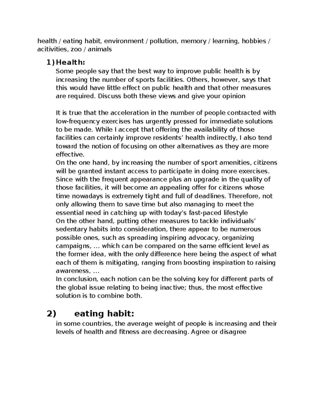 Health and Environment: Habits, Wildlife, and Learning (Writing 2 ...