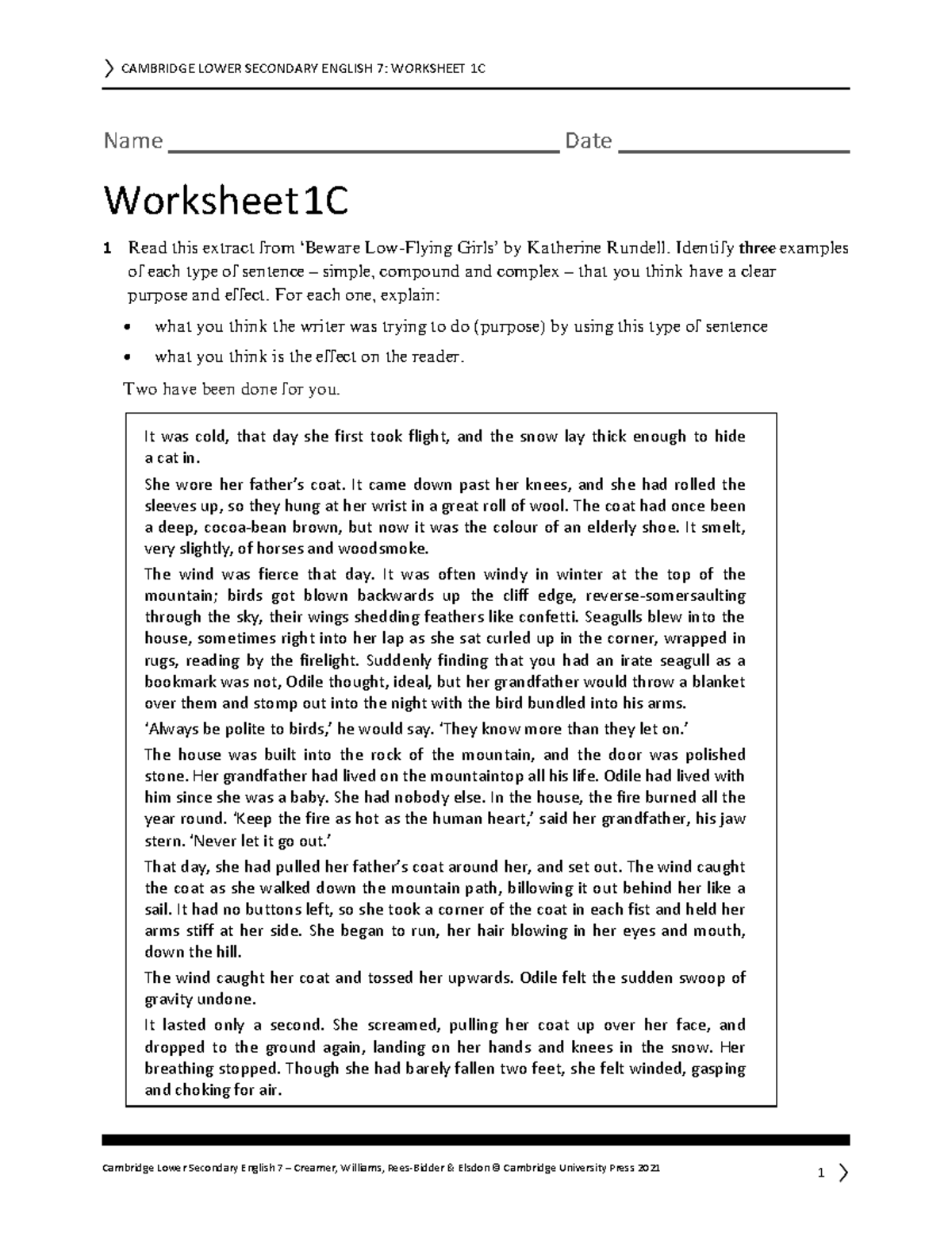 CAMBRIDGE LOWER SECONDARY ENGLISH 7: WORKSHEET 1C Analysis of Sentence ...