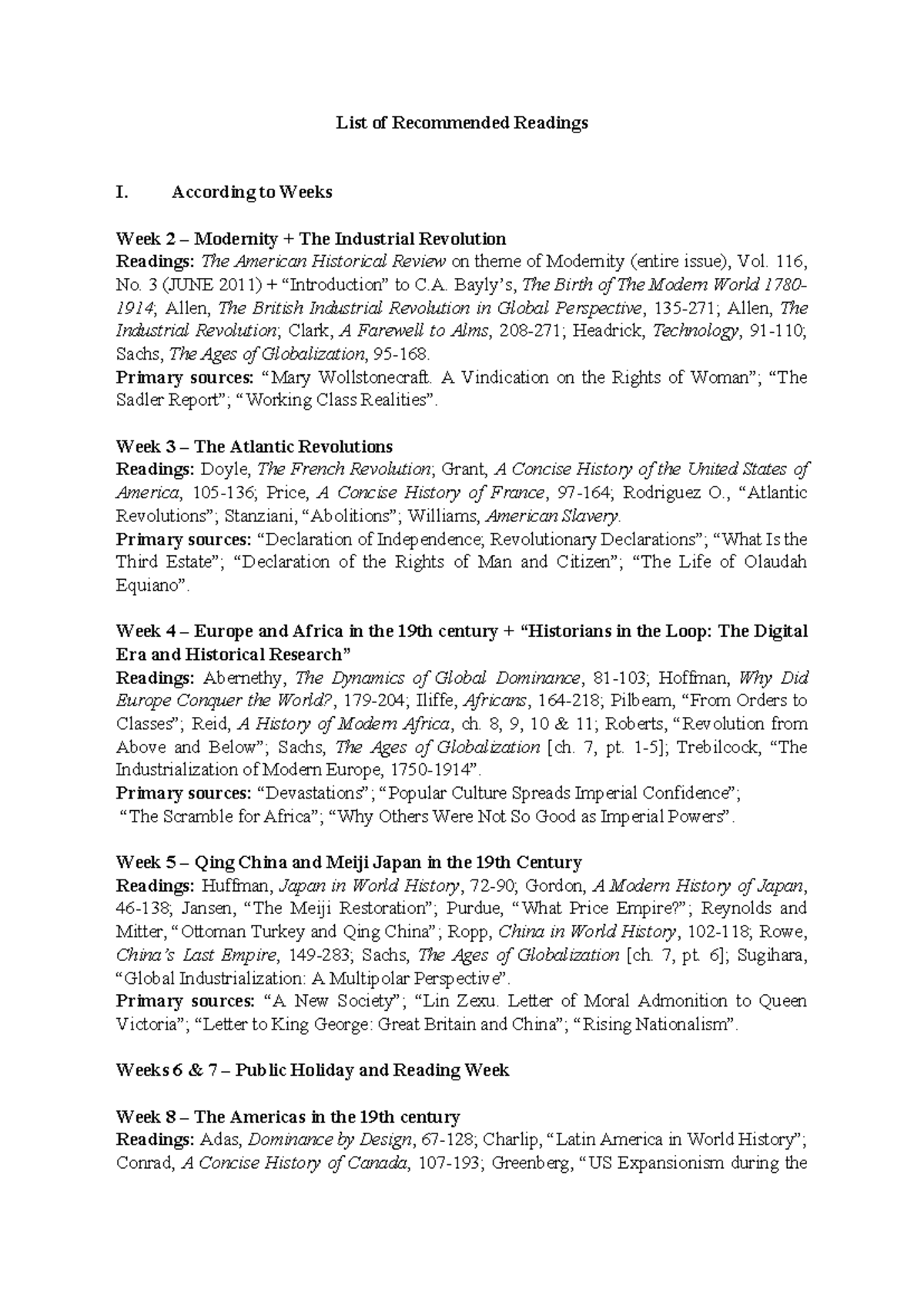 List of Recommended Readings - HIST 1016: Modernity to Cold War - Studocu
