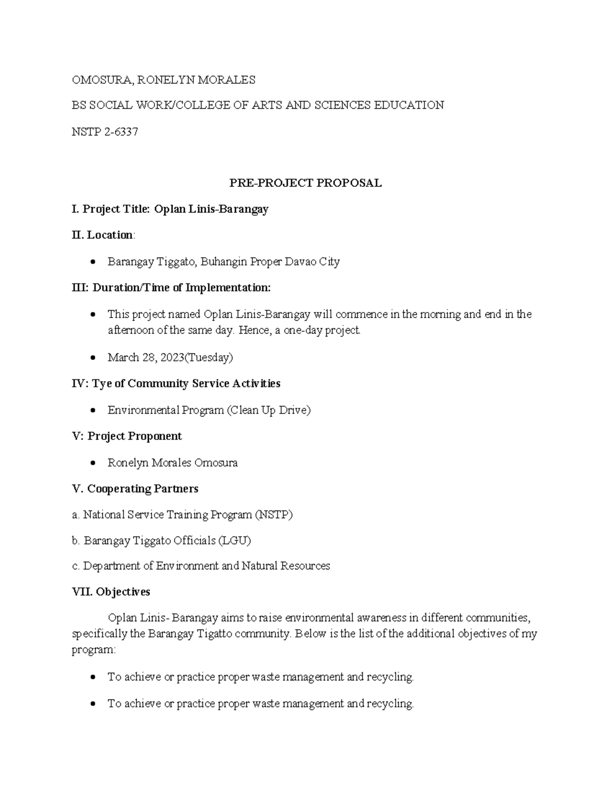 Oplan Linis-Barangay: Pre-Project Proposal for NSTP 6337 - Studocu