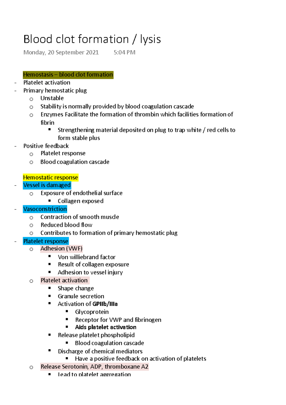 Anatomy and Histology (ANAT2008) Lecture Notes on Blood Clot Formation ...