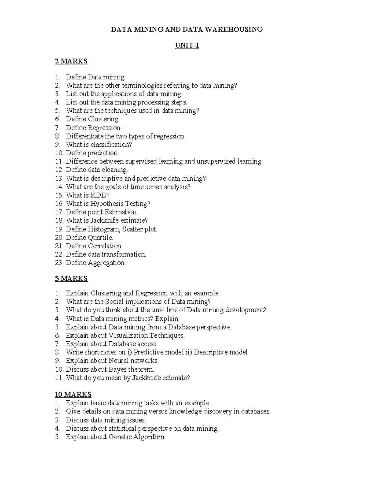 Data Mining & Warehousing - Comprehensive Q&A Guide (I MSC CS) - Studocu