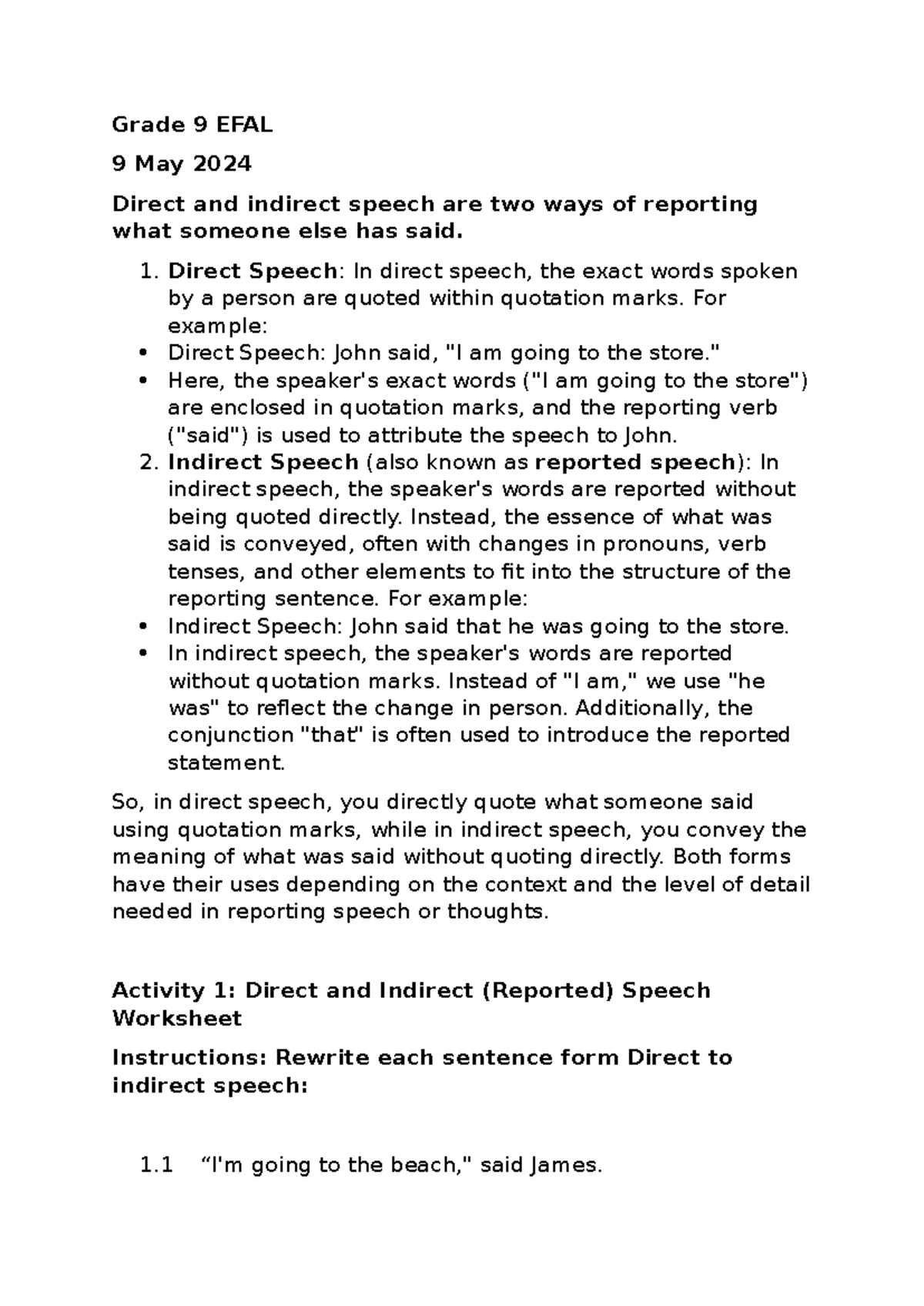 Grade 9 EFAL: Direct & Indirect Speech and Tenses Worksheets - Studocu