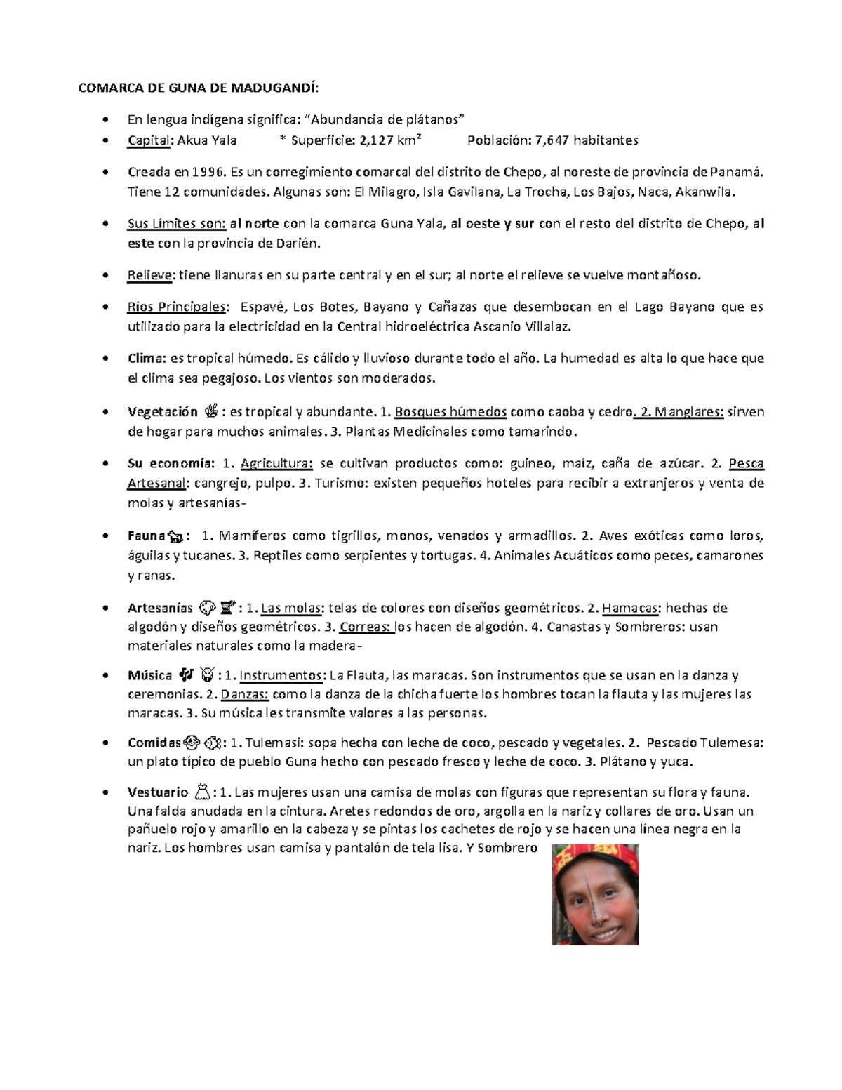 COMARCA DE GUNA DE MADUGANDÍ: Características y Cultura Local - Studocu