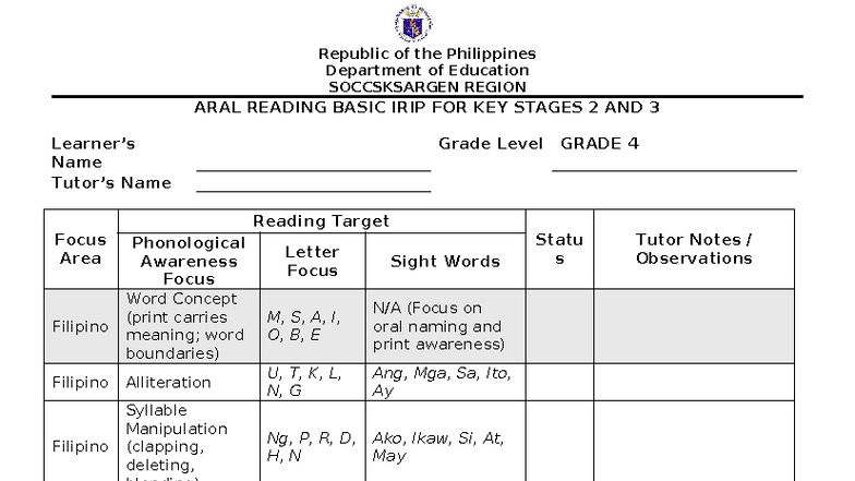 IRIP for ARAL Reading Basic & Plus - Key Stages 2 & 3 - Studocu