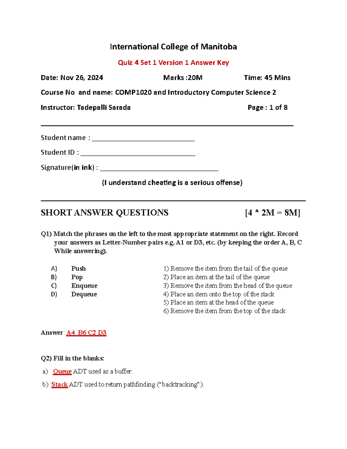 COMP1020 Quiz 4 Set 1 Answer Key - Intro to Computer Science - Studocu