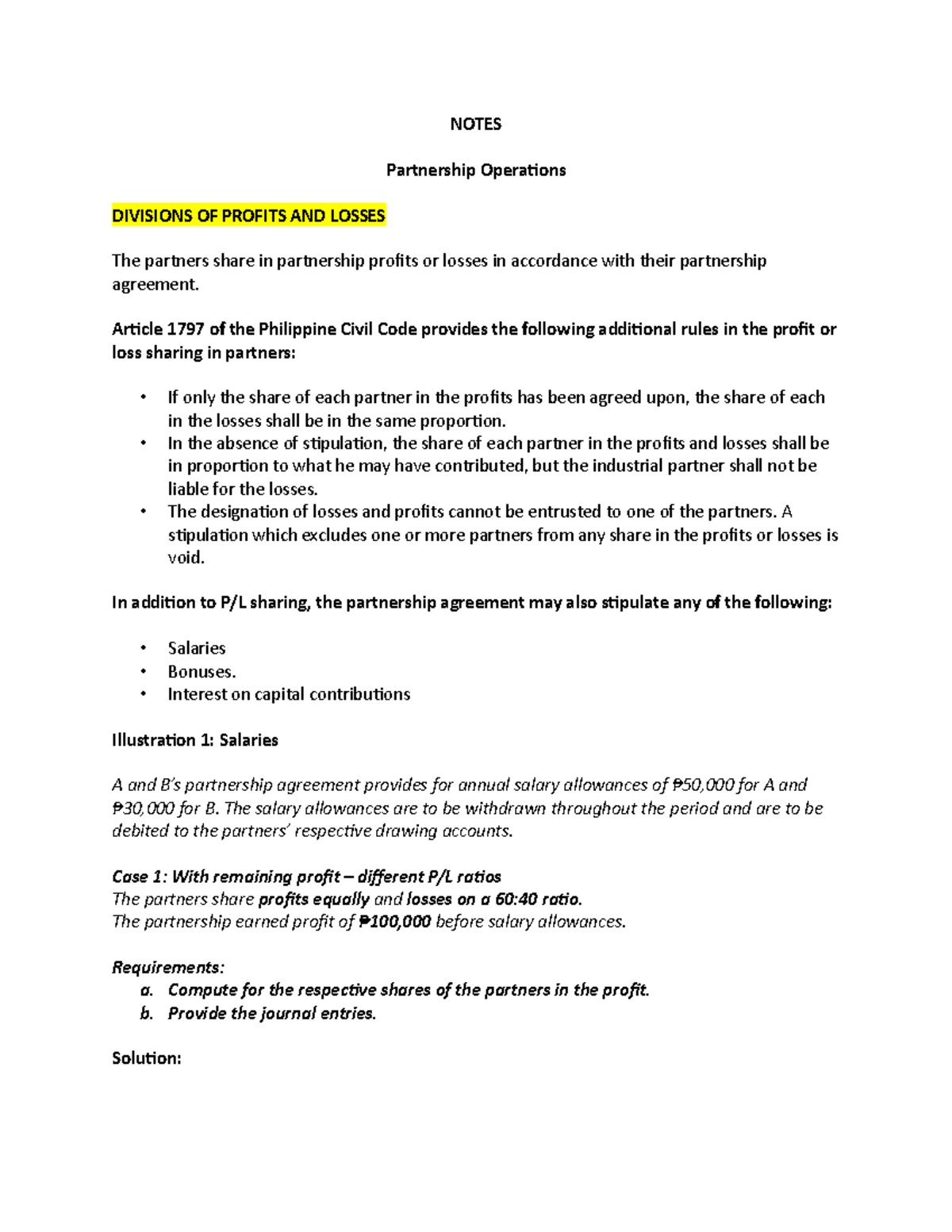 Partnership Operations Notes (ACCT101: P/L Sharing & Entries) - Studocu
