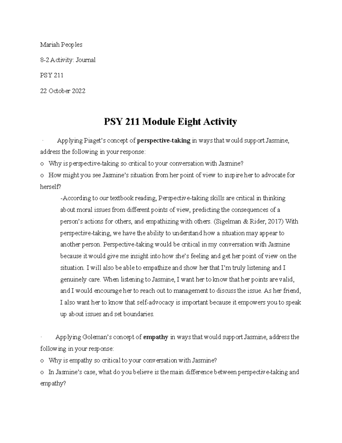 8-2 Journal PSY 211: Exploring Perspective-Taking and Empathy - Studocu