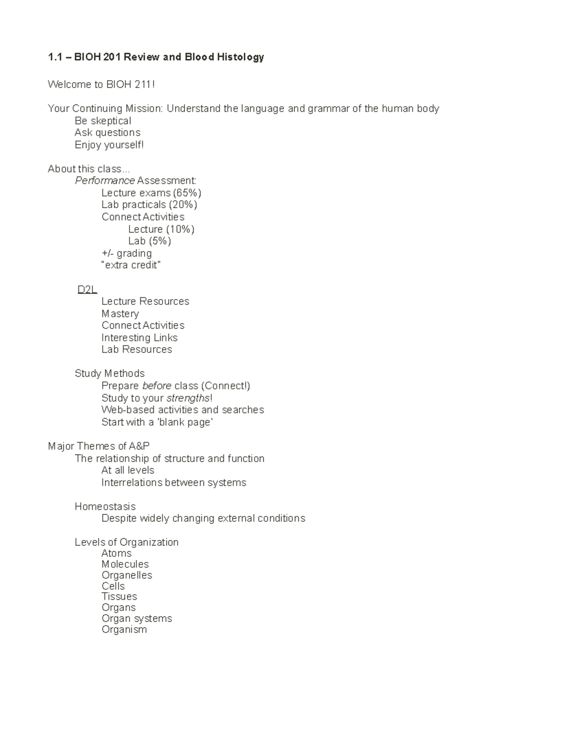 BIOH 211 - Blood and RBCs Overview: Key Concepts and Functions - Studocu