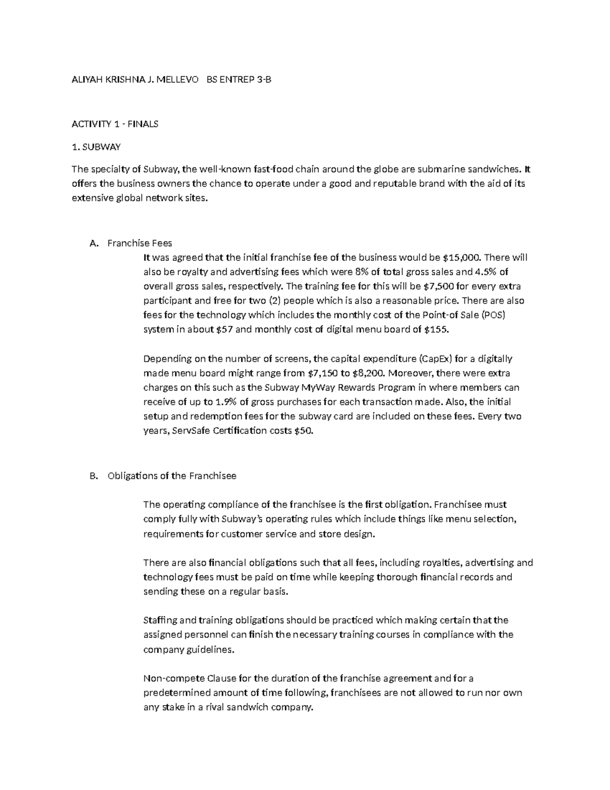 BS ENTREP ACTIVITY 1: Subway Franchise Overview & Fees - Studocu