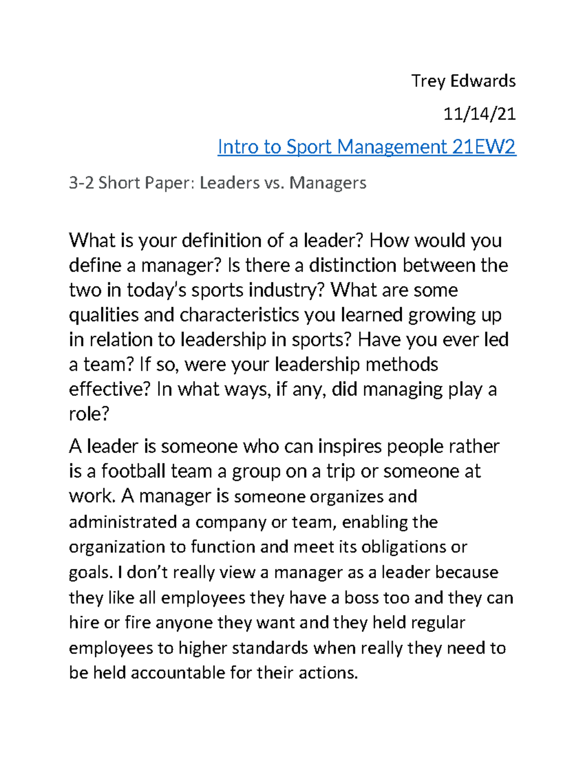 Document 6 Intro to Sport Management 21EW2 - Trey Edwards Intro to ...