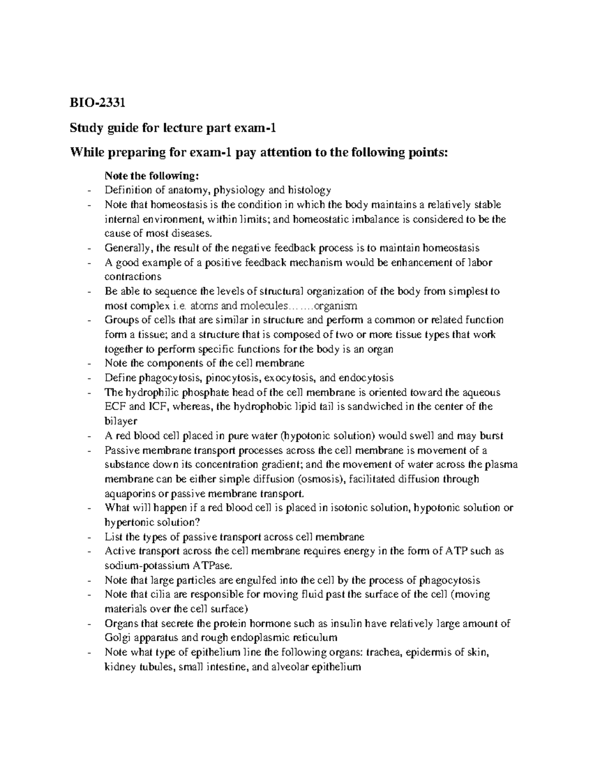 BIO-2331 Study Guide for Lecture Exam 1: Anatomy & Physiology - Studocu