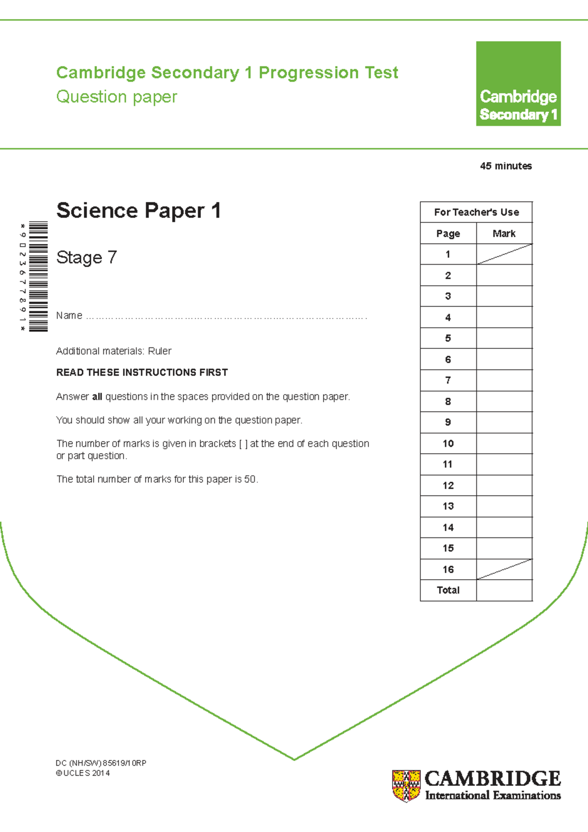 Cambridge Secondary 1 Science Stage 7 Progression Test Paper 1 - Studocu