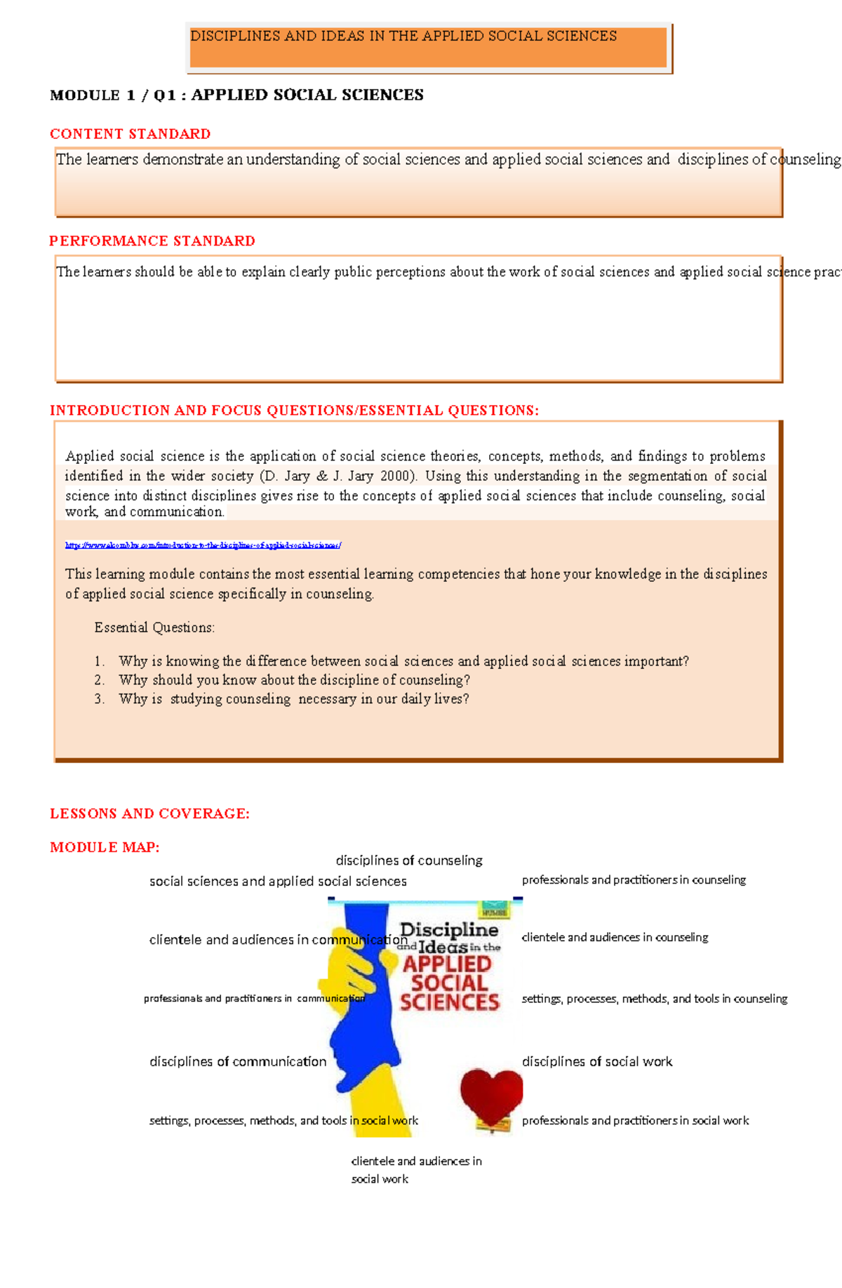 APPLIED SOCIAL SCIENCES MODULE 1: COUNSELING DISCIPLINES AND STANDARDS ...