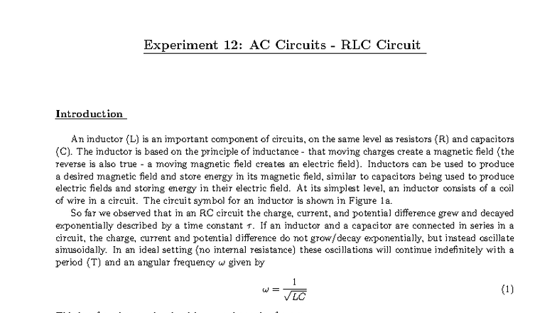 Lab 12: RLC Circuits - AC Circuit Experiment Overview - Studocu
