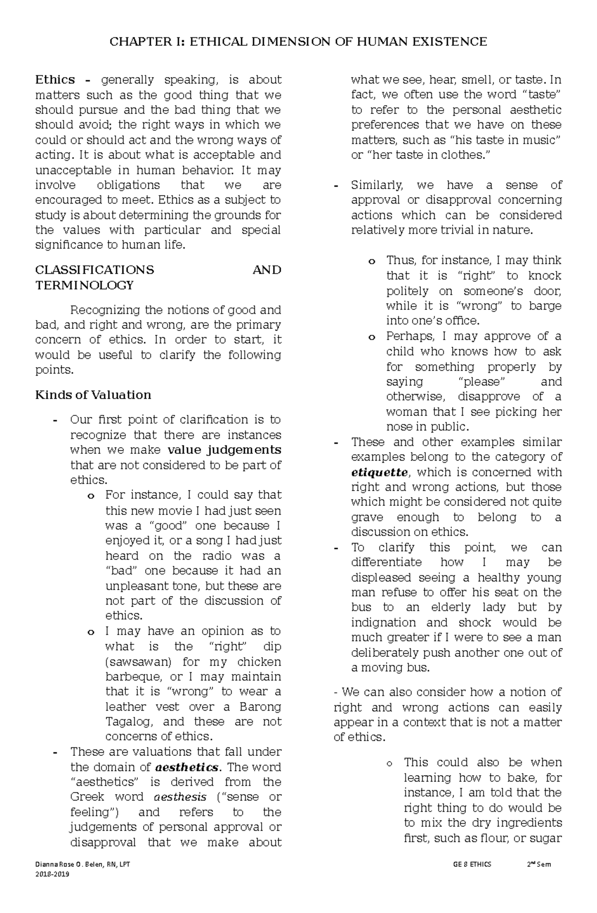 Chapter I: Ethical Dimension Of Human Existence, Ge 8 Ethics 2Nd Sem - CHAPTER I: ETHICAL ...