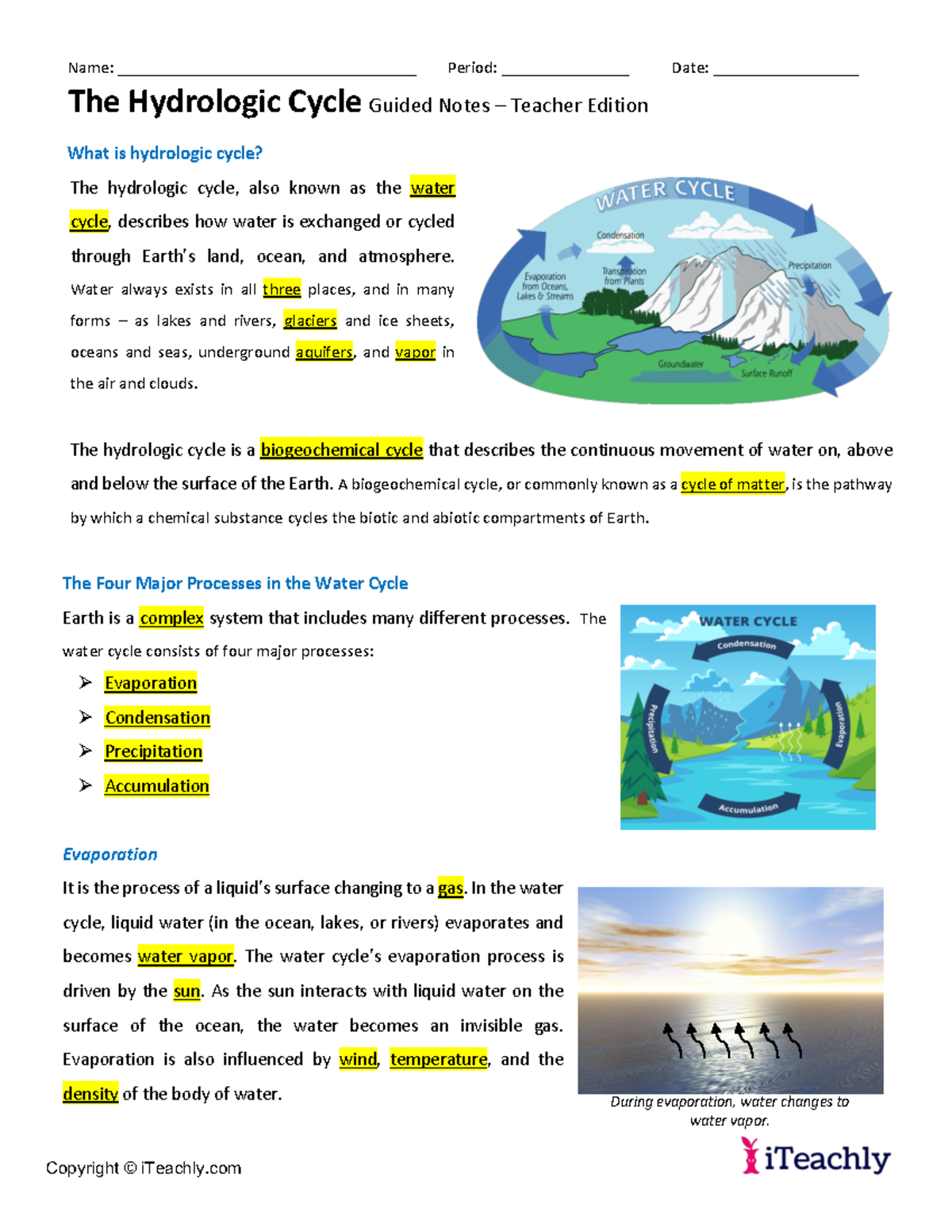 7 2 Guided Notes TE The Hydrologic Cycle - The Hydrologic Cycle Guided ...