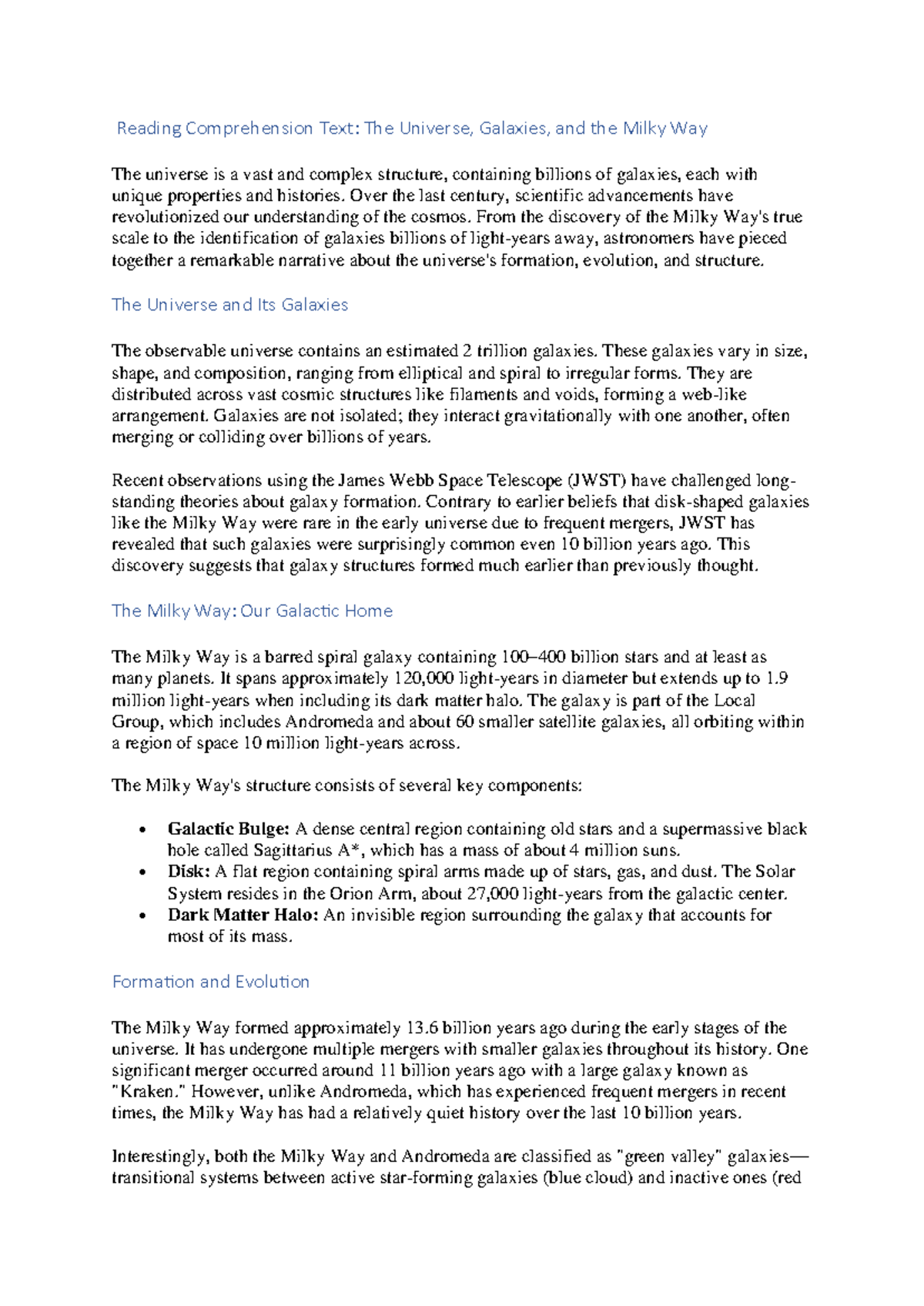 Reading Comprehension: The Universe, Galaxies, and the Milky Way ...