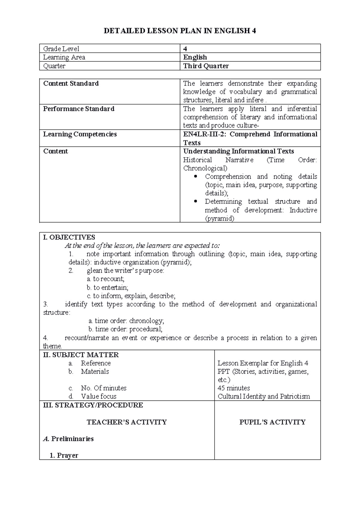 (DLP) English 4 W6 - Detailed Lesson Plan on Informational Texts - Studocu