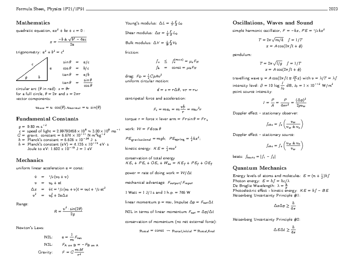 Physics 1P21/1P91 Formula Sheet for 2023: Key Equations & Constants - Studocu