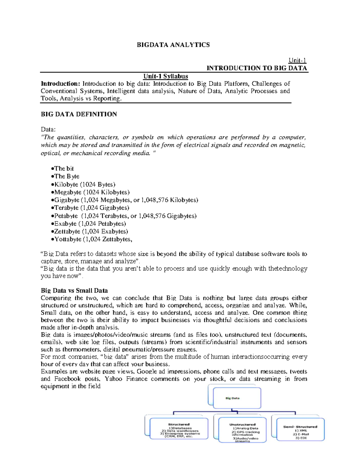 R19 BDA UNIT-1: Introduction to Big Data Concepts and Platforms - Studocu