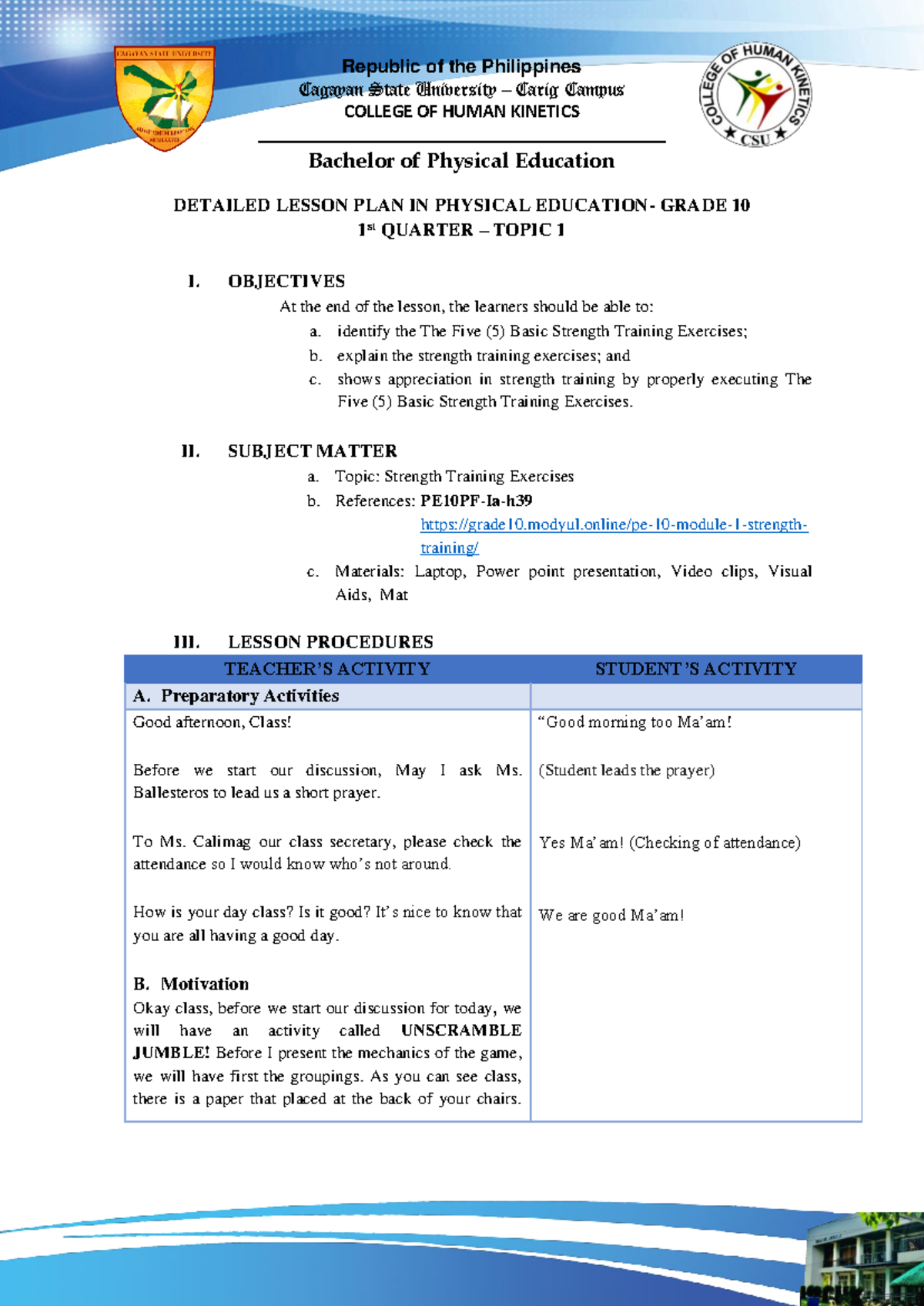 DLP PE10 - Lesson Plan on Basic Strength Training Exercises - Studocu