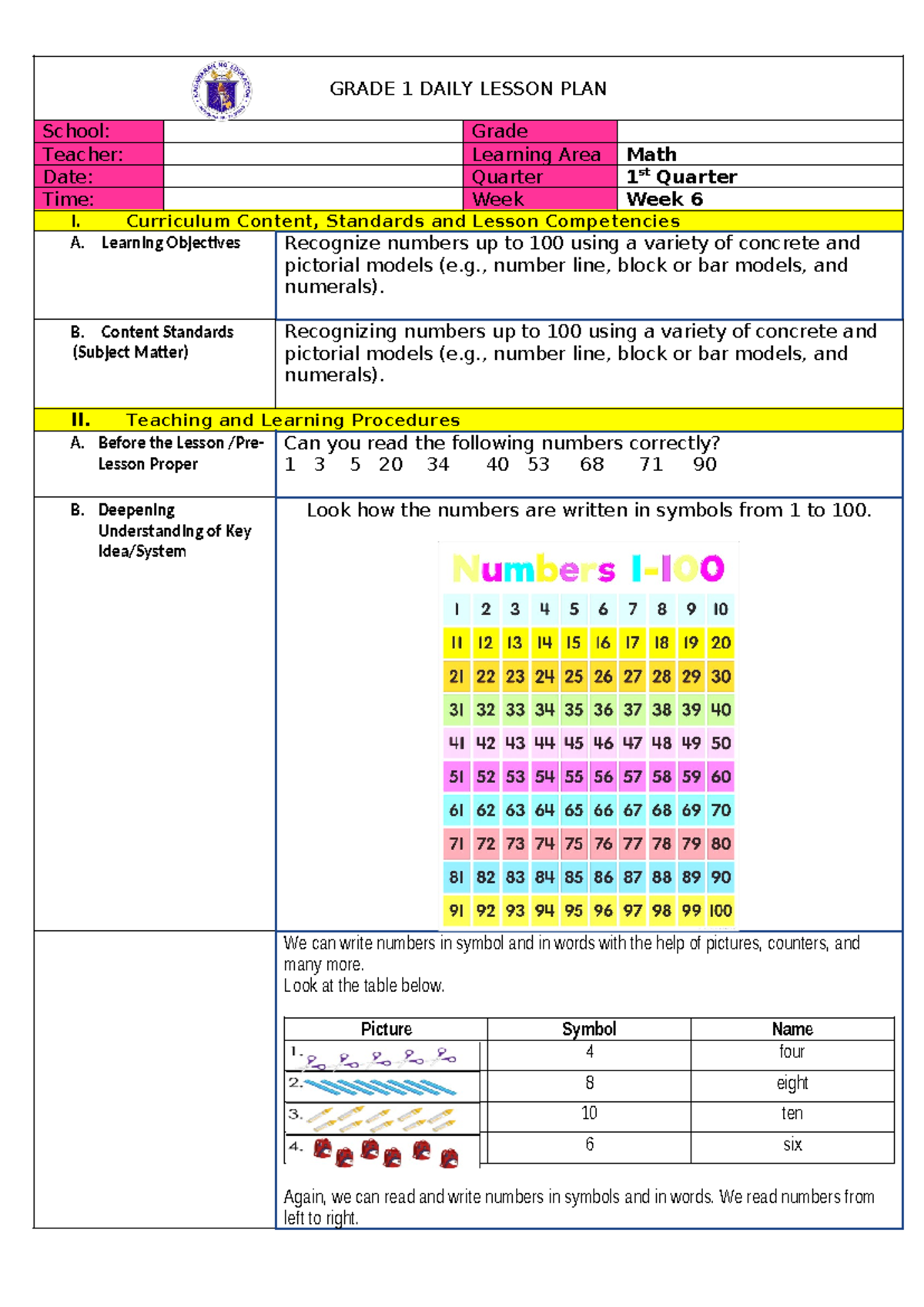 Q1-Math: Grade 1 Weekly Lesson Plan - Week 6 Exemplar - Studocu