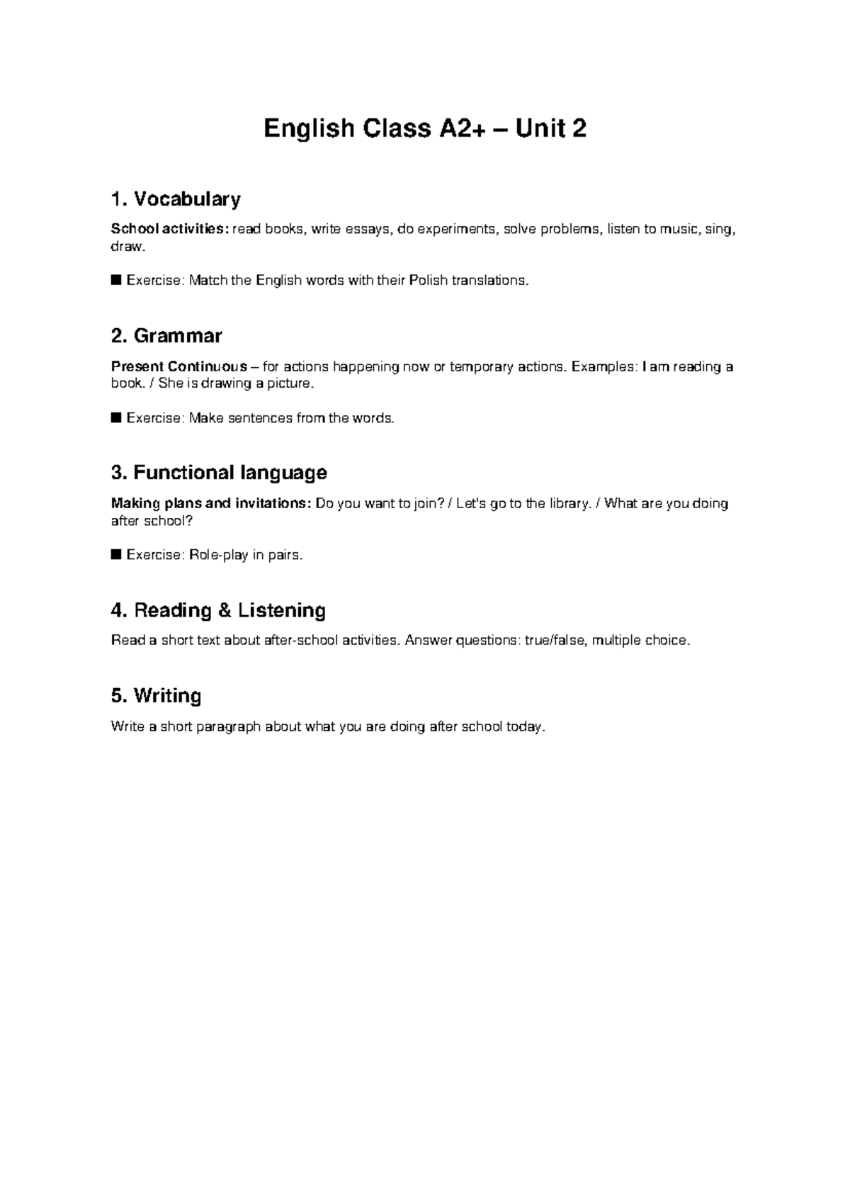 English Class A2 Unit 2: Vocabulary, Grammar, and Activities - Studocu