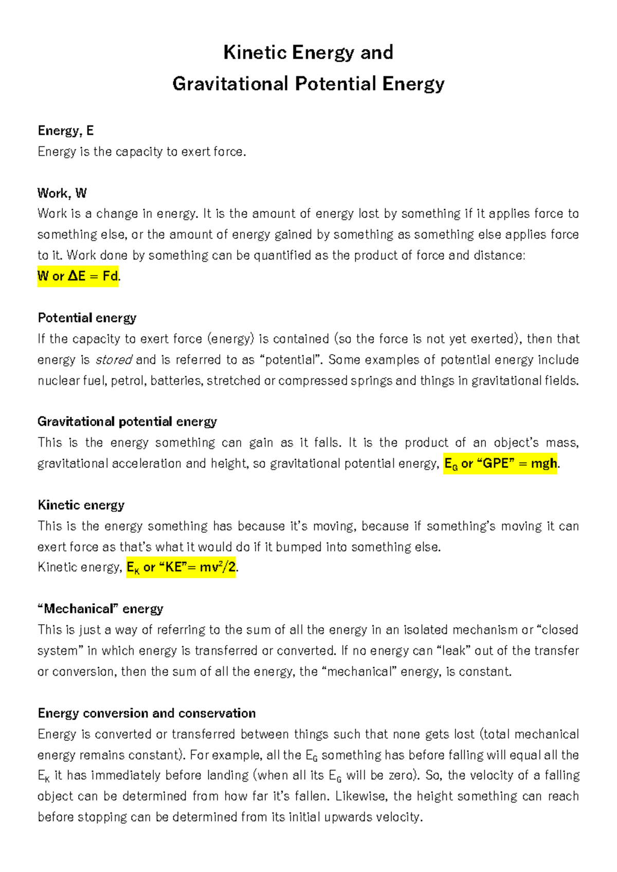 Kinetic and Gravitational Potential Energy Overview - Studocu
