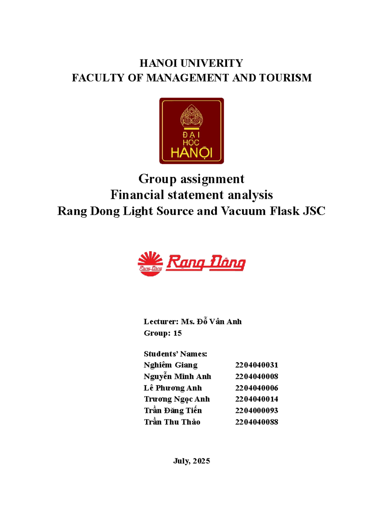 Financial Statement Analysis of Rang Dong JSC (RAL) - Group 15 ...