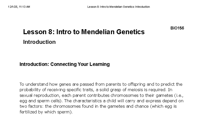 BIO156 Lesson 8: Intro to Mendelian Genetics & Inheritance - Studocu