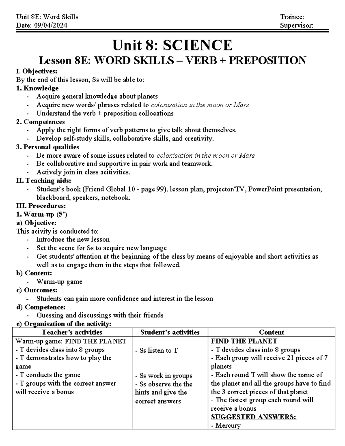 Unit 8E: Science Lesson on Verb Prepositions and Planet Vocabulary ...