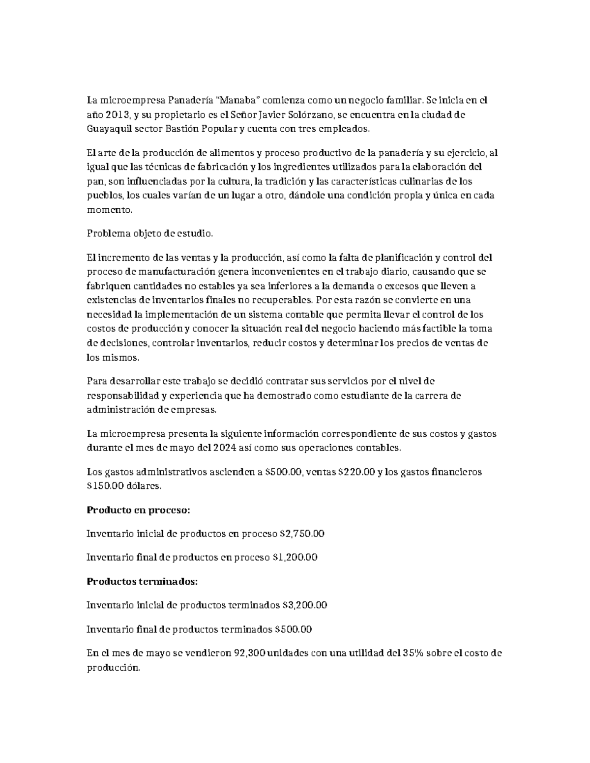 Trabajo de Contabilidad de Costos 7777: Análisis de la Panadería ...